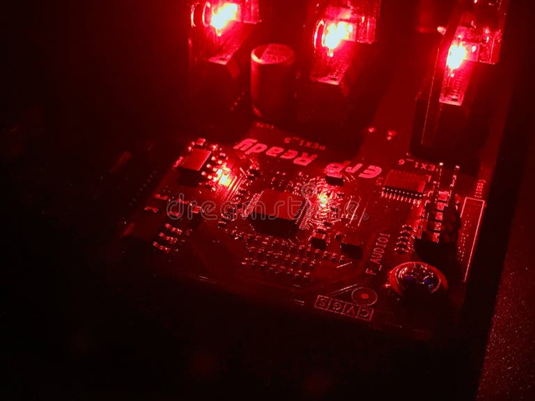 Closeup Computer Mainboard Chipset with Red Light Color Stock Photo ...
