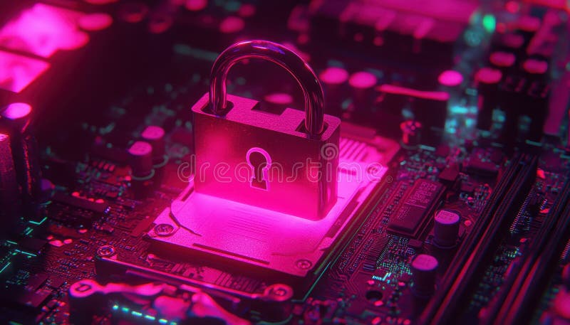 Closeup of a Computer Motherboard with a Lock Representing ...