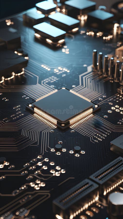 Computer Motherboard Close Up, Illuminated Blue and Gold Design with ...