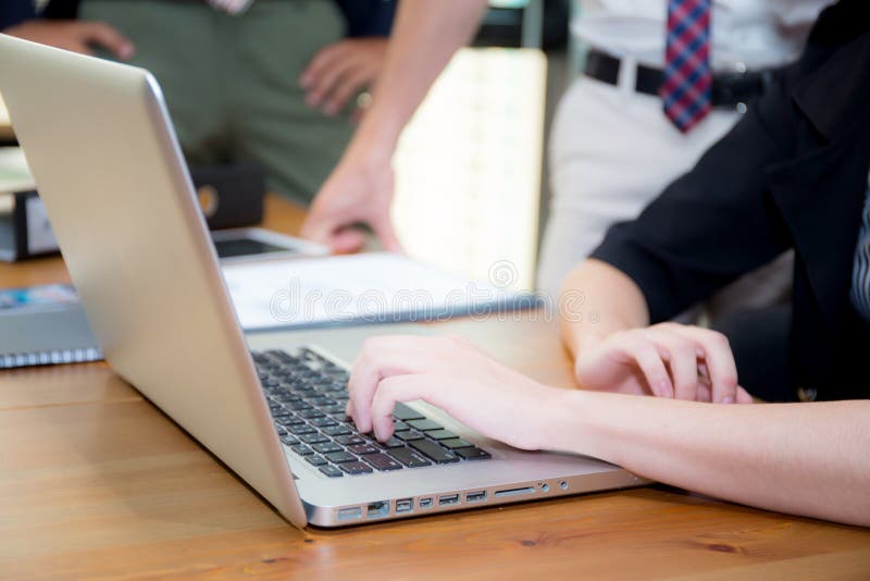 Closeup Computer Notebook in Office with Woman for Work. Stock Photo ...