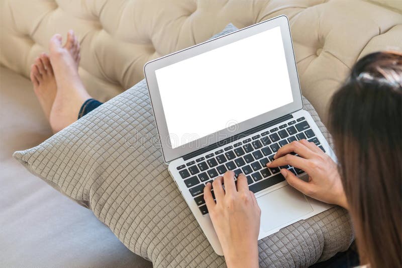 Closeup Computer Notebook on Woman Lap with Sitting on Sofa for Work ...