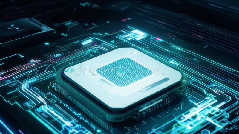 Closeup of a Computer Processor Chip on a Motherboard with Glowing ...