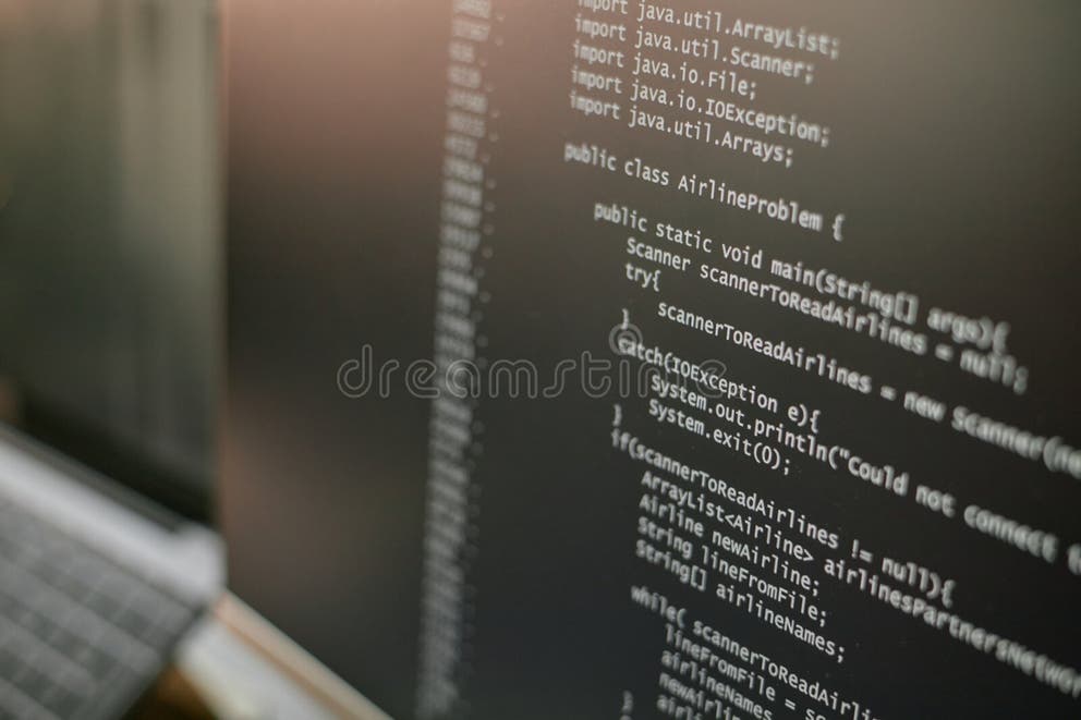 Closeup of Computer Screen Displaying Java Code for Airline Problem ...