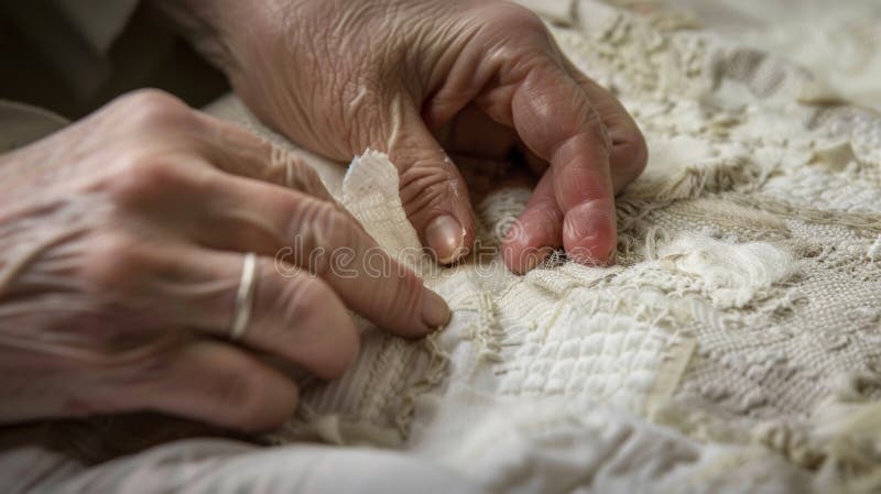 A Closeup of a Conservators Hands Meticulously Repairing a Tear in a ...
