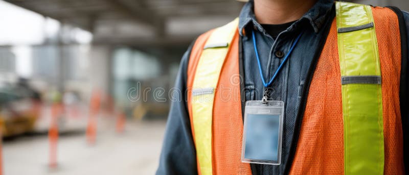 Construction Worker Wearing Safety Vest and ID Badge at Construction ...