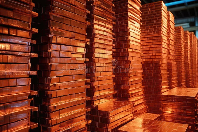 Closeup of Copper Cathodes Stacked Neatly in Warehouse. Generative AI ...