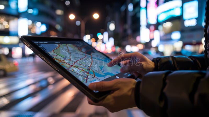 Courier Using Portable Device To Navigate City Routes at Night Stock ...