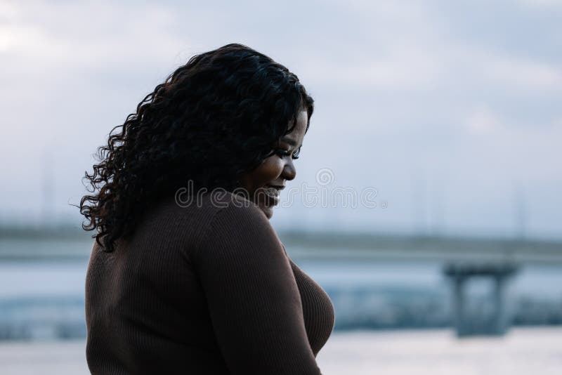 Closeup Curly Laughing African American Interracial Shy Dark Haired