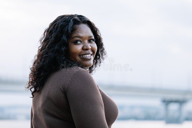 Closeup Curly Smiling African Afro American Dark Skin Plump Woman
