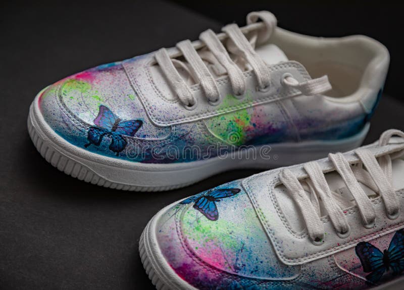 Closeup of Customized Trainer Shoes on a Gray Surface Stock Image ...