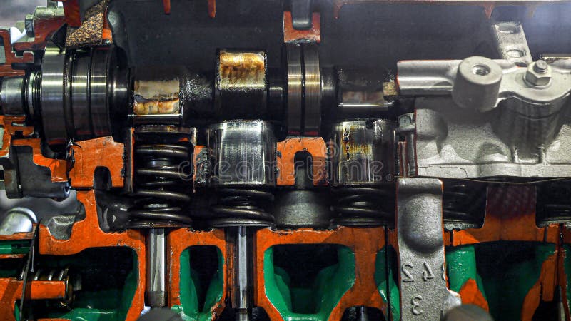 Closeup of Cut Engine Pistons in Cylinder Working and Spinning. Old ...