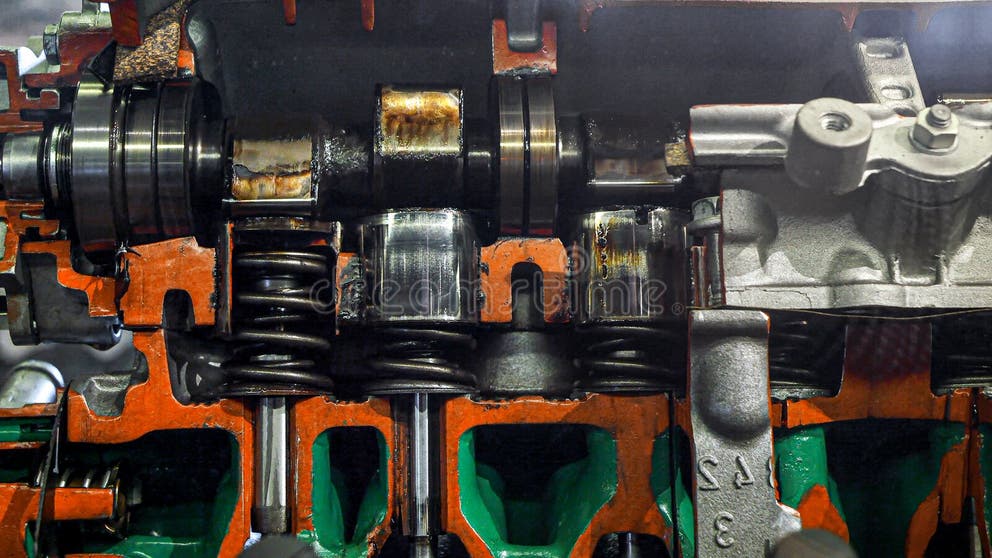 Closeup of Cut Engine Pistons in Cylinder Working and Spinning. Old ...