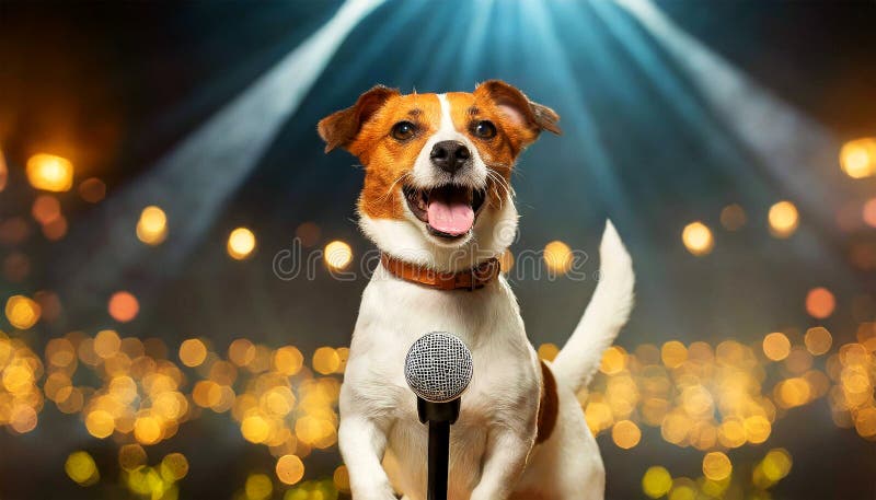 Jack Russell Terrier Dog with Professional Microphone Singing on Stage ...