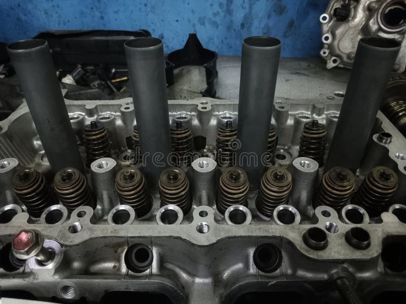 Closeup of the Cylinder Head and Valve Mechanism of a Car Engine on an ...