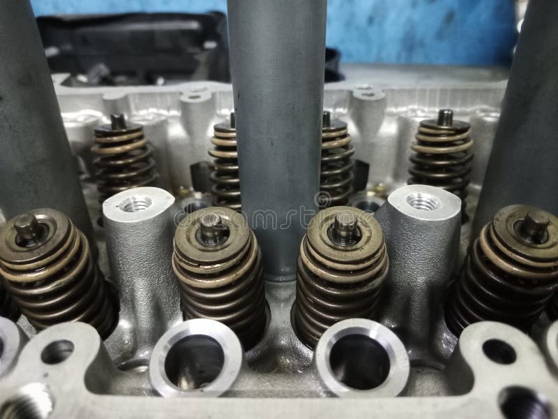 Closeup of the Cylinder Head and Valve Mechanism of a Car Engine on an ...