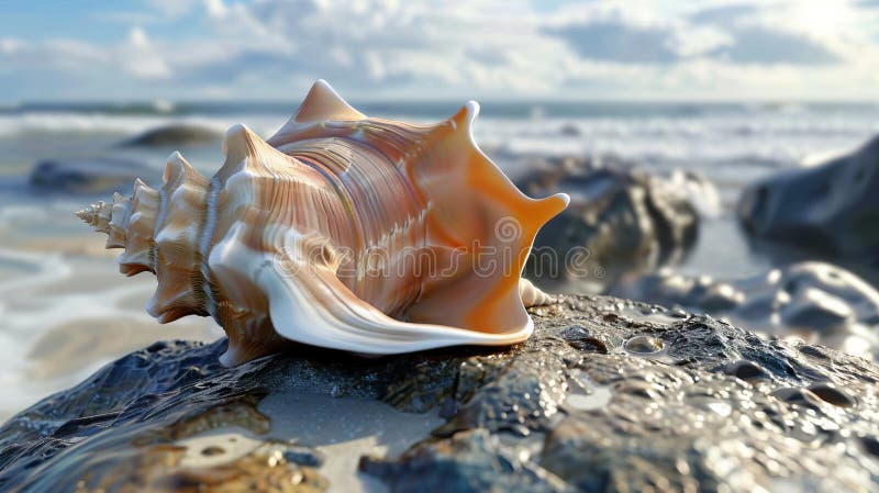 Closeup of a 3D Model of a Conch Shell on a Beach Rock Stock ...