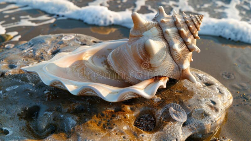 Closeup of a 3D Model of a Conch Shell on a Beach Rock Stock ...