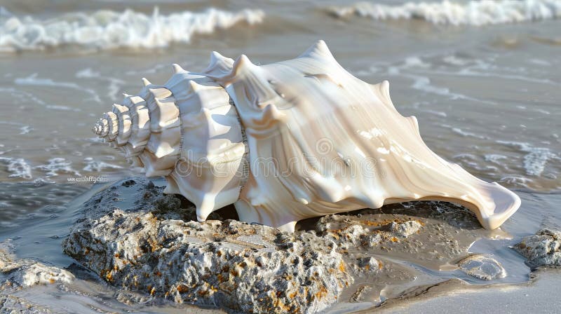 Closeup of a 3D Model of a Conch Shell on a Beach Rock Stock ...
