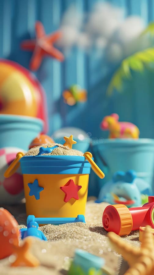 Closeup of a 3D Model of a Sand Pail and Toys Stock Illustration ...