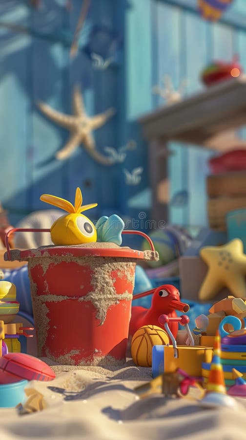 Closeup of a 3D Model of a Sand Pail and Toys Stock Illustration ...