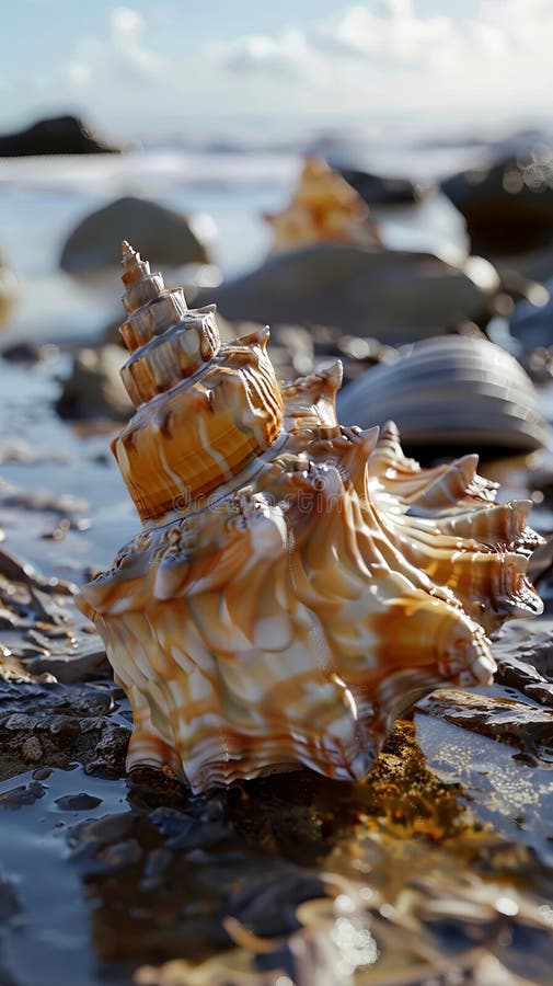 Closeup of a 3D Model of a Seashell on the Shore Stock Illustration ...