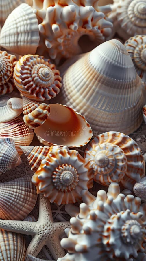 Closeup of a 3D Model of a Shell Collection on a Wooden Boardwalk Stock ...