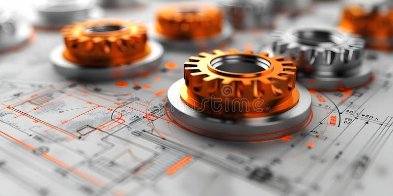 Closeup 3D Render of a Detailed Mechanical Engineering Blueprint for a Project. Concept ...