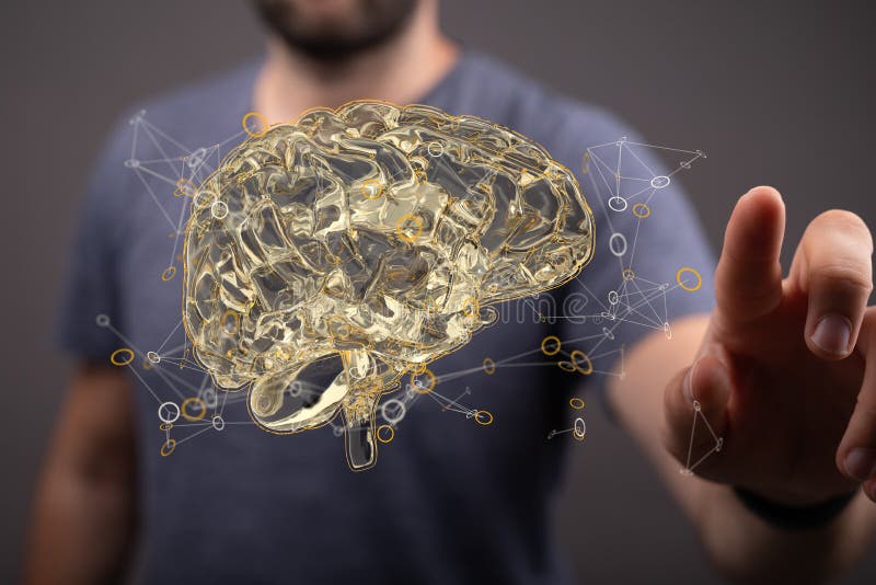 Closeup of a 3d Rendered Brain and a Man Touching Stock Image - Image ...
