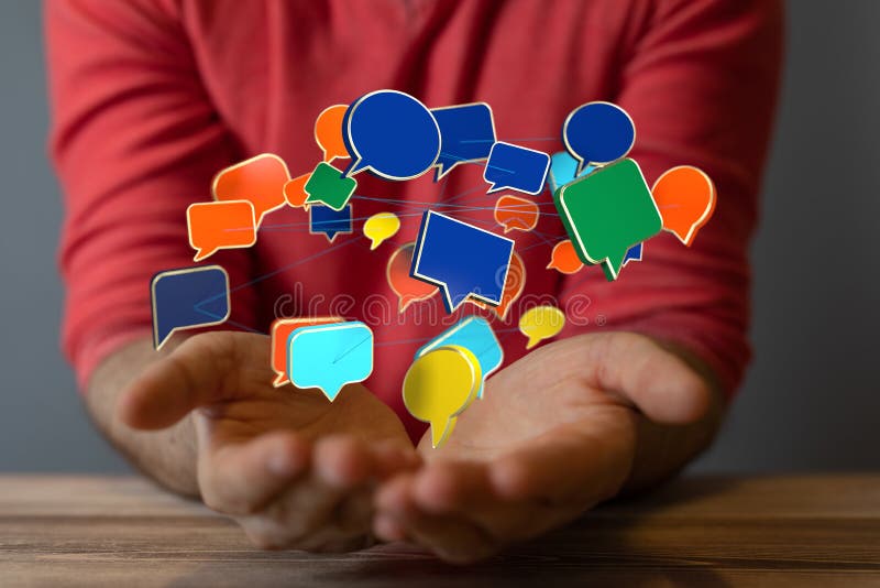 Closeup of 3D Rendered Digital Speech Bubbles Teamwork Connection Hovering in Man S Hands Stock ...