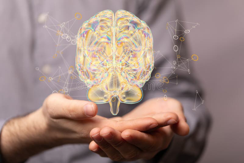 Closeup of 3D Rendered Human Brain Anatomical Model Hovering in Man ...