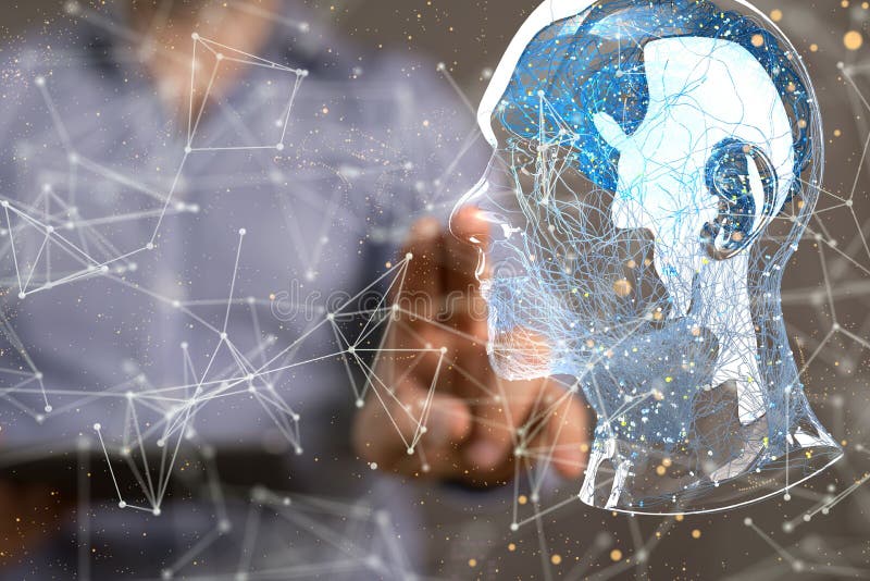 Closeup of 3D Rendered Human Brain Anatomical Model Hovering in Mans ...