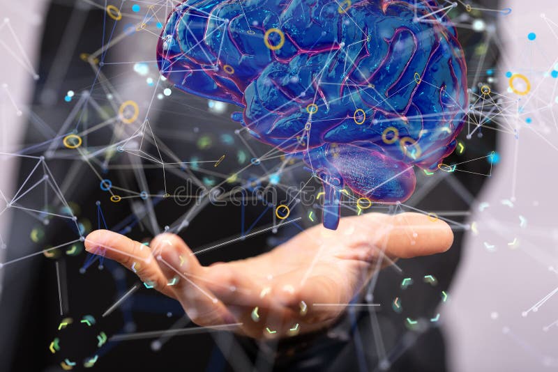 Closeup of 3D Rendered Human Brain Anatomical Model Hovering in Mans ...