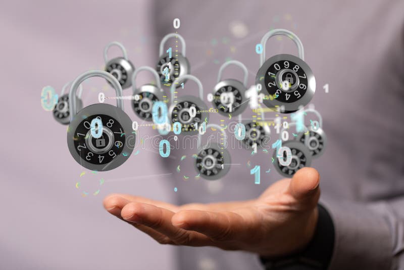 Closeup of 3D Rendered Locks and Man S Hand Touching the -security ...