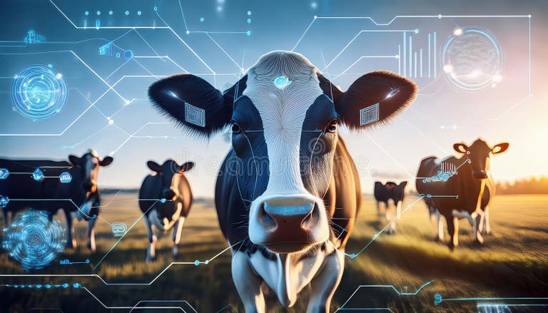 Closeup of a Dairy Cow Enhanced with Digital Data Points at a ...