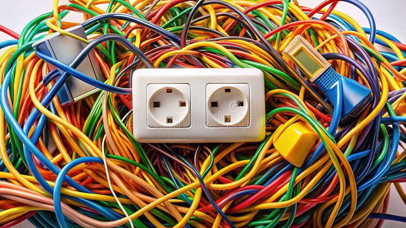 Closeup Danger Zone Overloaded Electrical Outlet with Messy Wires a ...