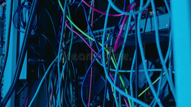 Closeup Data Wires and Cables in Dark Server Room Stock Video - Video ...