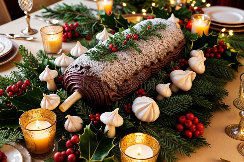 A Decorated Yule Log Cake on a Table with a Christmas Theme Stock ...