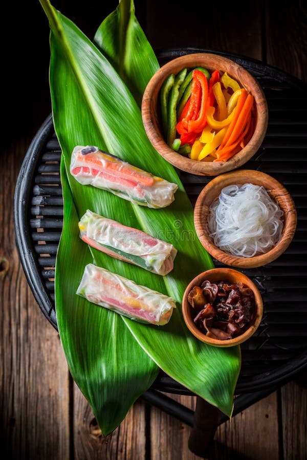 Closeup of Delicious and Fresh Spring Rolls on Green Leaf Stock Image ...