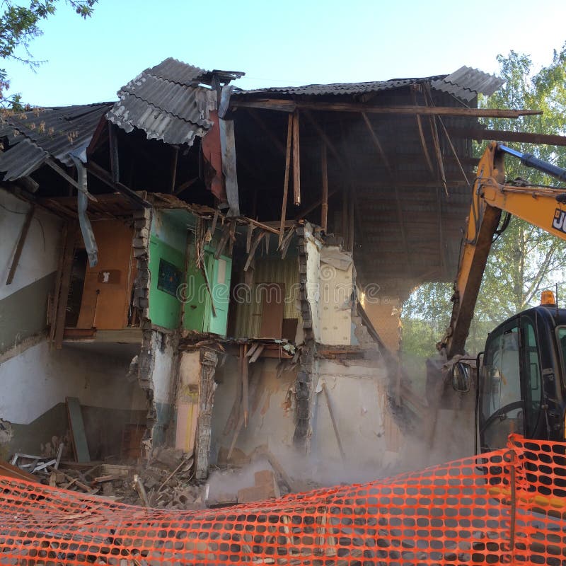 Closeup of Demolition by Backhoe of Old Building. Stock Photo - Image ...