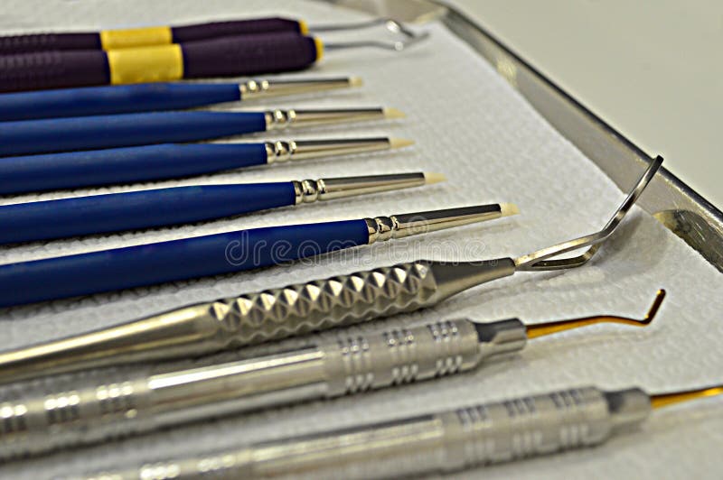 Closeup of Dental Instruments on a Metallic Tray on the Table Stock ...