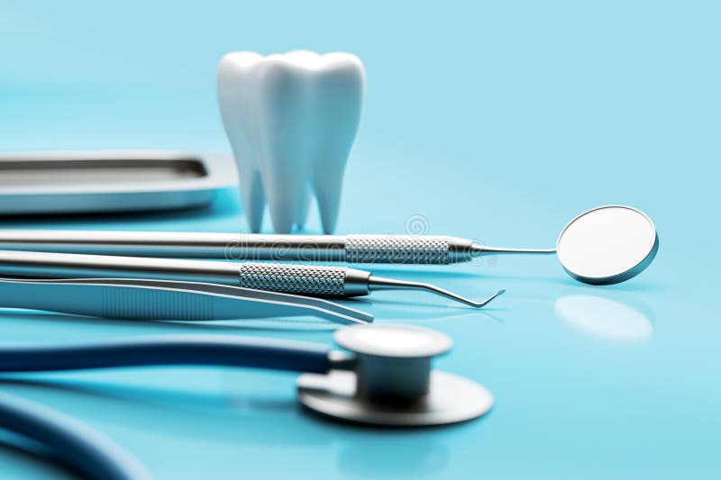 Closeup of Dental Tools and Tooth Model on Blue Background with Light ...