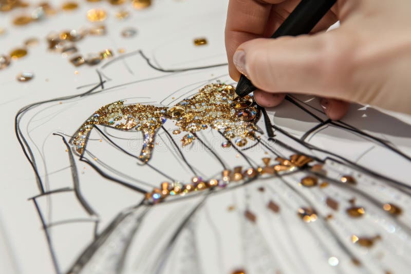 Closeup of Designers Hand Adding Sequins To a Dress Sketch Stock ...