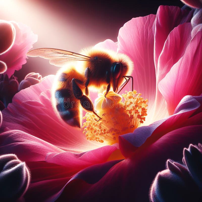 Closeup with Detail of a Bee Collecting Pollen Inside a Flower. AI ...
