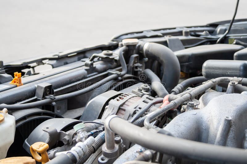 Closeup Detail of a Flat-four Car Engine Under the Open Hood Stock ...