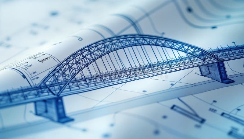 Closeup Detailed Blueprint of New Bridge Design. Intricate Structural ...