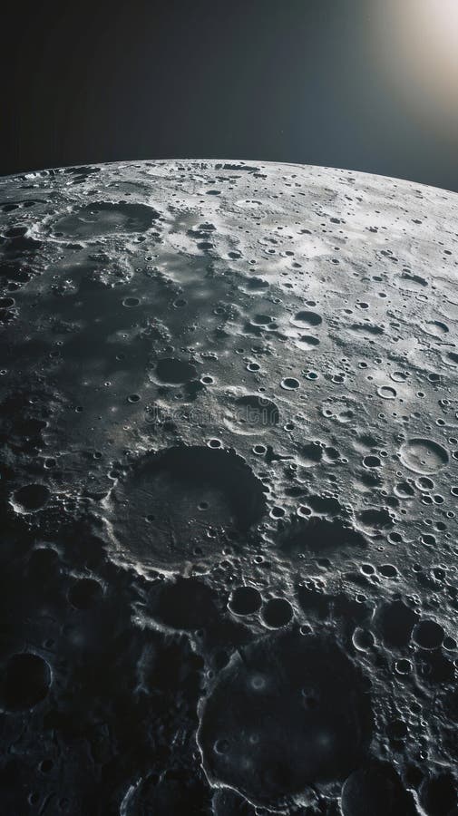 Closeup of a Detailed 3D Moon Surface with a Rocket Shadow Approaching ...