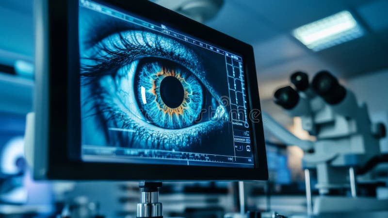 Closeup of a Detailed Human Eye on a Blue Computer Screen in a Medical ...