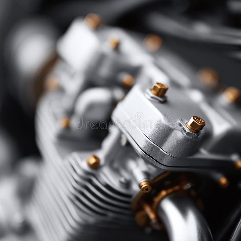 Closeup of a Detailed Silver Engine with Golden Bolts, Symbolizing ...