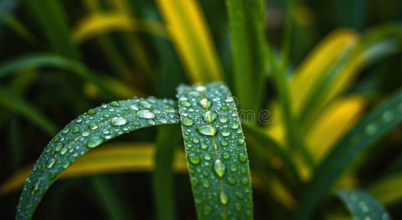 Closeup of Dew-Covered Green and Yellow Grass Blades Stock Illustration ...