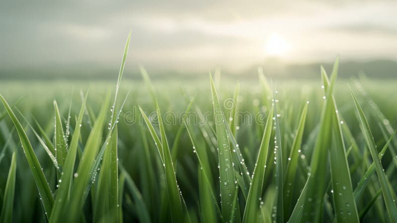 Closeup of Dewy Green Grass Blades with a Blurred Sunrise in the ...